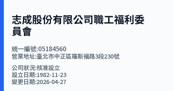 志成股份有限公司職工福利委員會的照片-統編 05184560(臺北市) 公司登記資料與營業項目詳細圖表