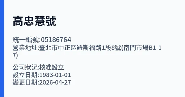 高忠慧號的照片-統編 05186764(臺北市) 公司登記資料與營業項目詳細圖表