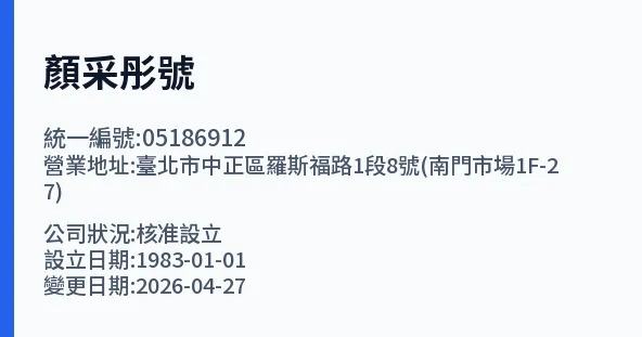 顏采彤號的照片-統編 05186912(臺北市) 公司登記資料與營業項目詳細圖表