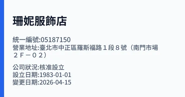 珊妮服飾店的照片-統編 05187150(臺北市) 公司登記資料與營業項目詳細圖表