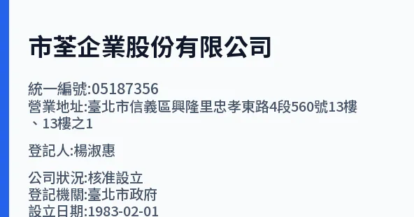 市荃企業股份有限公司的照片-統編 05187356(臺北市) 公司登記資料與營業項目詳細圖表