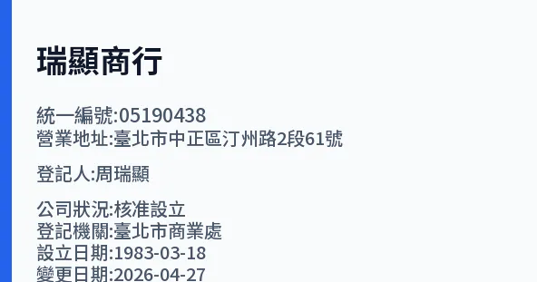 瑞顯商行的照片-統編 05190438(臺北市) 公司登記資料與營業項目詳細圖表