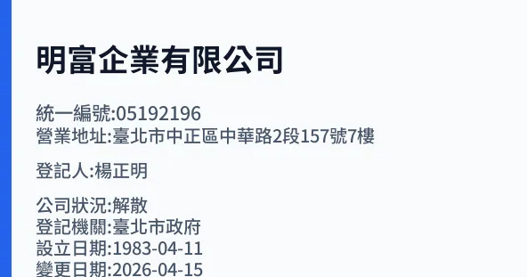 明富企業有限公司的照片-統編 05192196(臺北市) 公司登記資料與營業項目詳細圖表
