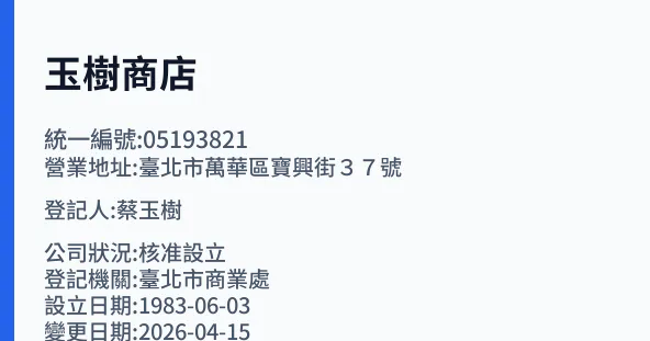 玉樹商店的照片-統編 05193821(臺北市) 公司登記資料與營業項目詳細圖表
