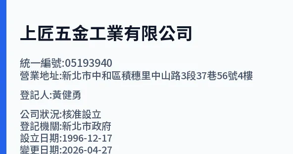 上匠五金工業有限公司的照片-統編 05193940(新北市) 公司登記資料與營業項目詳細圖表