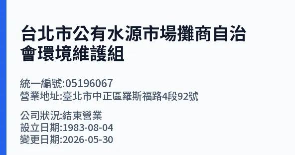 台北市公有水源市場攤商自治會環境維護組的照片-統編 05196067(臺北市) 公司登記資料與營業項目詳細圖表
