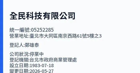 全民科技有限公司的照片-統編 05252285(臺北市) 公司登記資料與營業項目詳細圖表