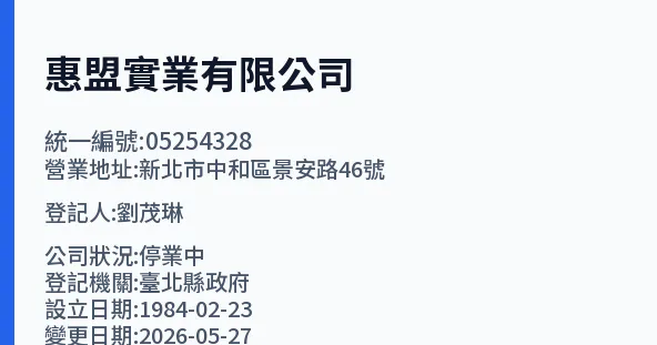 惠盟實業有限公司的照片-統編 05254328(新北市) 公司登記資料與營業項目詳細圖表
