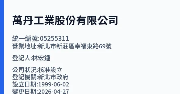 萬丹工業股份有限公司的照片-統編 05255311(新北市) 公司登記資料與營業項目詳細圖表