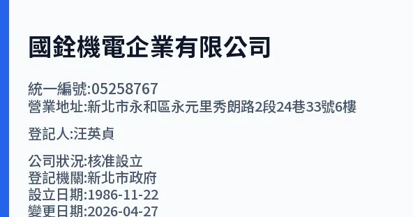 國銓機電企業有限公司的照片-統編 05258767(新北市) 公司登記資料與營業項目詳細圖表