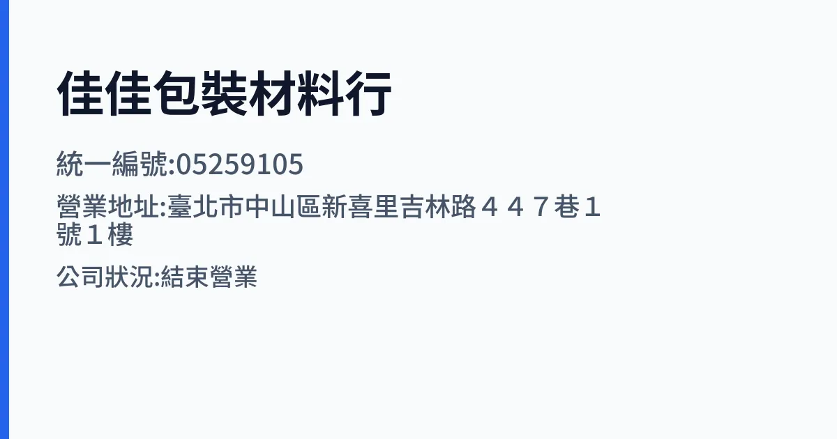 佳佳包裝材料行 - 統編 05259105(臺北市) 公司登記資料與營業項目詳細圖表