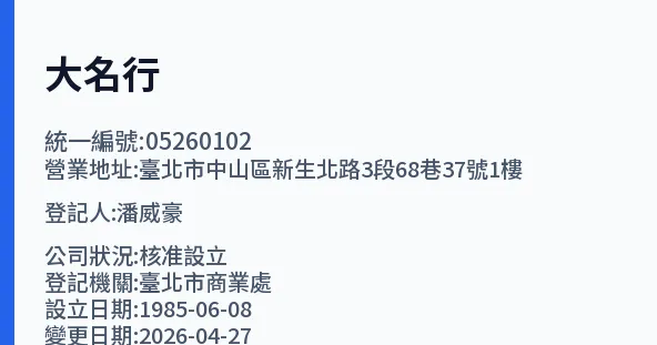 大名行的照片-統編 05260102(臺北市) 公司登記資料與營業項目詳細圖表