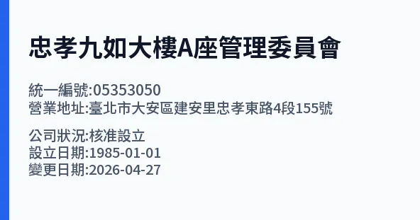 忠孝九如大樓A座管理委員會的照片-統編 05353050(臺北市) 公司登記資料與營業項目詳細圖表