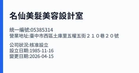 名仙美髮美容設計室的照片-統編 05385314(臺中市) 公司登記資料與營業項目詳細圖表