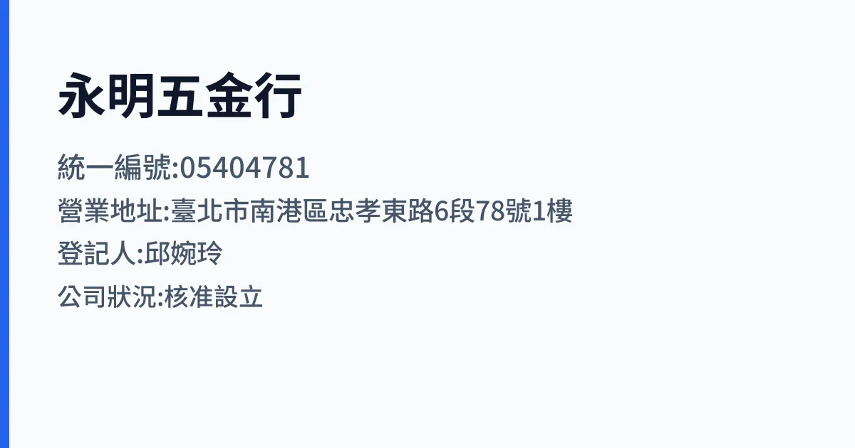 永明五金行 - 統編 05404781(臺北市) 公司登記資料與營業項目詳細圖表