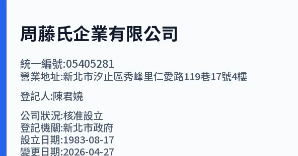 周藤氏企業有限公司的照片-統編 05405281(新北市) 公司登記資料與營業項目詳細圖表