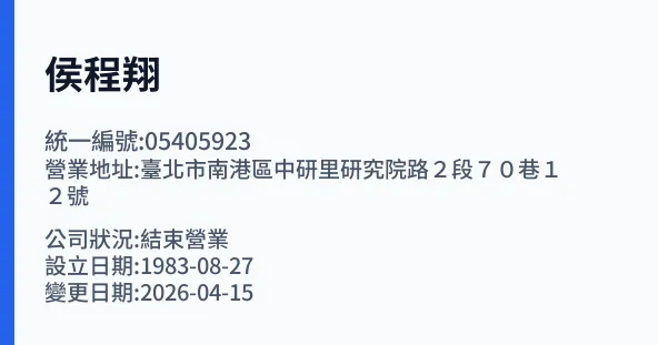 侯程翔的照片-統編 05405923(臺北市) 公司登記資料與營業項目詳細圖表