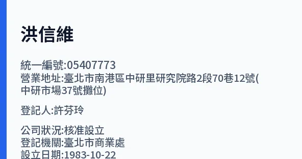 洪信維的照片-統編 05407773(臺北市) 公司登記資料與營業項目詳細圖表