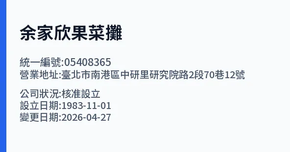 余家欣果菜攤的照片-統編 05408365(臺北市) 公司登記資料與營業項目詳細圖表