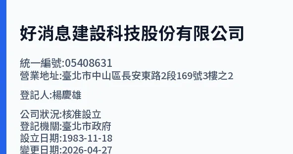 好消息建設科技股份有限公司的照片-統編 05408631(臺北市) 公司登記資料與營業項目詳細圖表