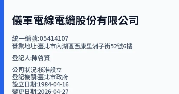 儀軍電線電纜股份有限公司的照片-統編 05414107(臺北市) 公司登記資料與營業項目詳細圖表
