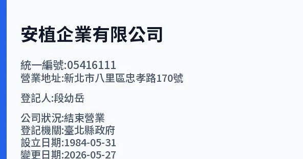 安植企業有限公司的照片-統編 05416111(新北市) 公司登記資料與營業項目詳細圖表