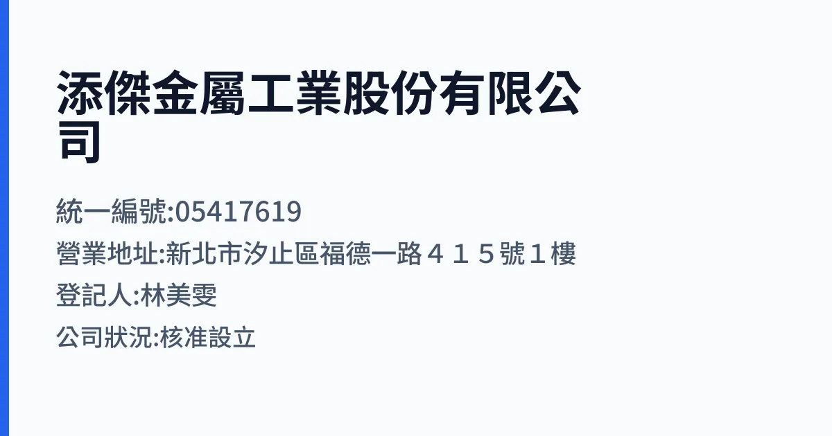 添傑金屬工業股份有限公司 - 統編 05417619(新北市) 公司登記資料與營業項目詳細圖表