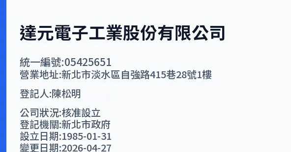 達元電子工業股份有限公司的照片-統編 05425651(新北市) 公司登記資料與營業項目詳細圖表