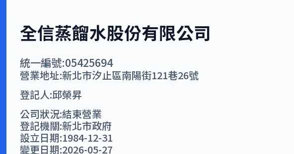 全信蒸餾水股份有限公司的照片-統編 05425694(新北市) 公司登記資料與營業項目詳細圖表