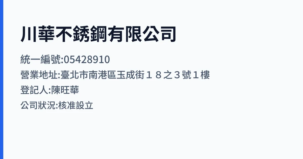 川華不銹鋼有限公司 - 統編 05428910(臺北市) 公司登記資料與營業項目詳細圖表