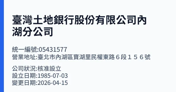 臺灣土地銀行股份有限公司內湖分公司的照片-統編 05431577(臺北市) 公司登記資料與營業項目詳細圖表