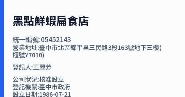 黑點鮮蝦扁食店的照片-統編 05452143(臺中市) 公司登記資料與營業項目詳細圖表