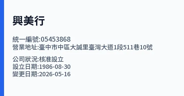 興美行的照片-統編 05453868(臺中市) 公司登記資料與營業項目詳細圖表