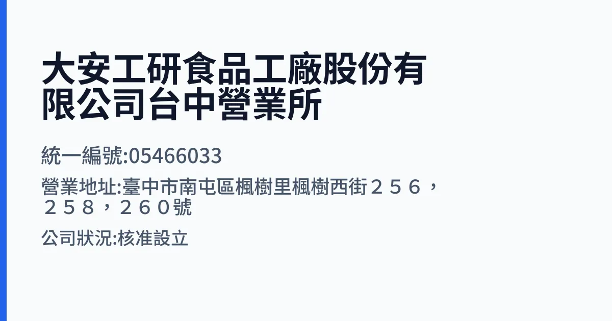 大安工研食品工廠股份有限公司台中營業所 - 統編 05466033(臺中市) 公司登記資料與營業項目詳細圖表
