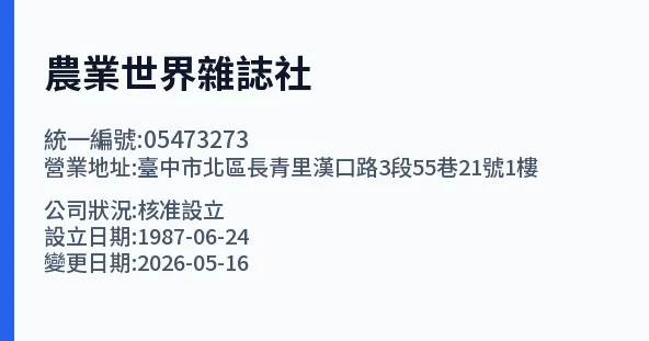 農業世界雜誌社的照片-統編 05473273(臺中市) 公司登記資料與營業項目詳細圖表