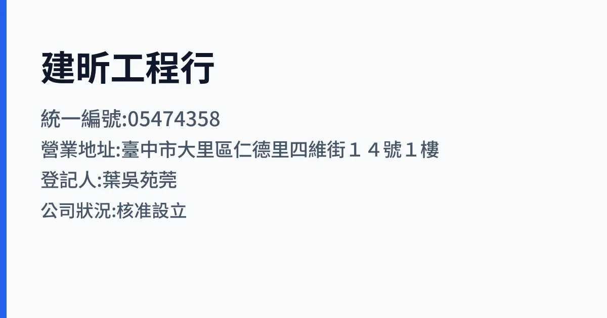 建昕工程行 - 統編 05474358(臺中市) 公司登記資料與營業項目詳細圖表
