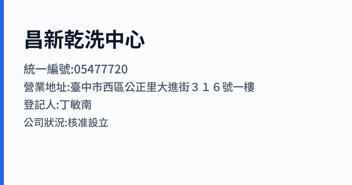 昌新乾洗中心 - 統編 05477720(臺中市) 公司登記資料與營業項目詳細圖表