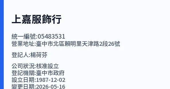 上嘉服飾行的照片-統編 05483531(臺中市) 公司登記資料與營業項目詳細圖表