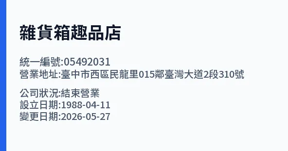雜貨箱趣品店的照片-統編 05492031(臺中市) 公司登記資料與營業項目詳細圖表