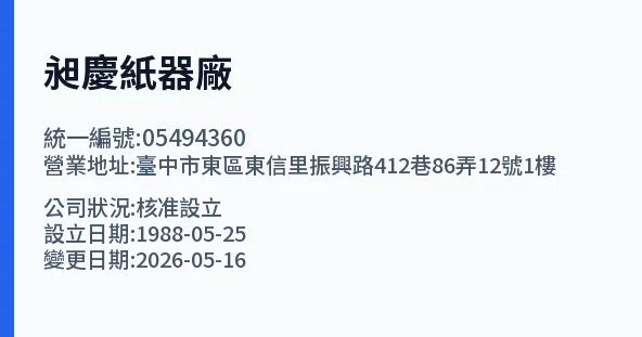 昶慶紙器廠的照片-統編 05494360(臺中市) 公司登記資料與營業項目詳細圖表