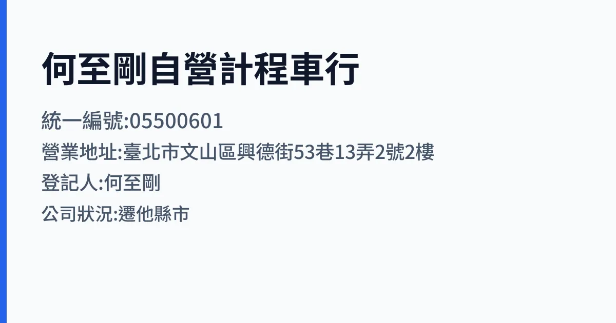 何至剛自營計程車行 - 統編 05500601(新北市) 公司登記資料與營業項目詳細圖表