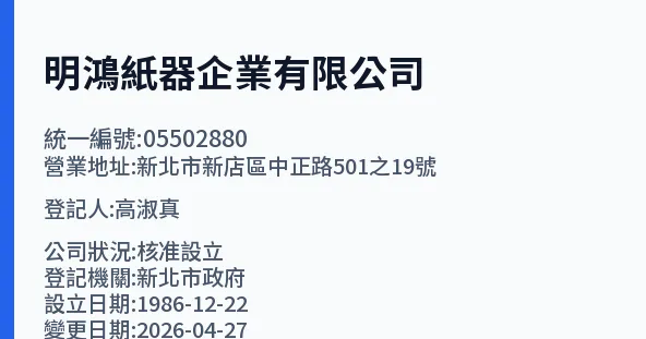 明鴻紙器企業有限公司的照片-統編 05502880(新北市) 公司登記資料與營業項目詳細圖表