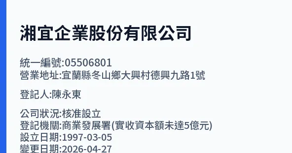 湘宜企業股份有限公司的照片-統編 05506801(宜蘭縣) 公司登記資料與營業項目詳細圖表