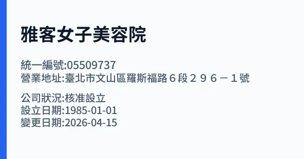 雅客女子美容院的照片-統編 05509737(臺北市) 公司登記資料與營業項目詳細圖表