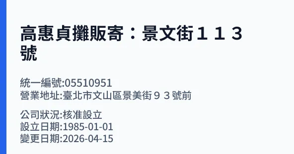 高惠貞攤販寄：景文街１１３號的照片-統編 05510951(臺北市) 公司登記資料與營業項目詳細圖表