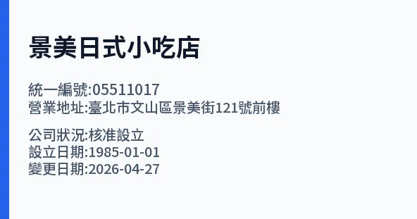 景美日式小吃店的照片-統編 05511017(臺北市) 公司登記資料與營業項目詳細圖表