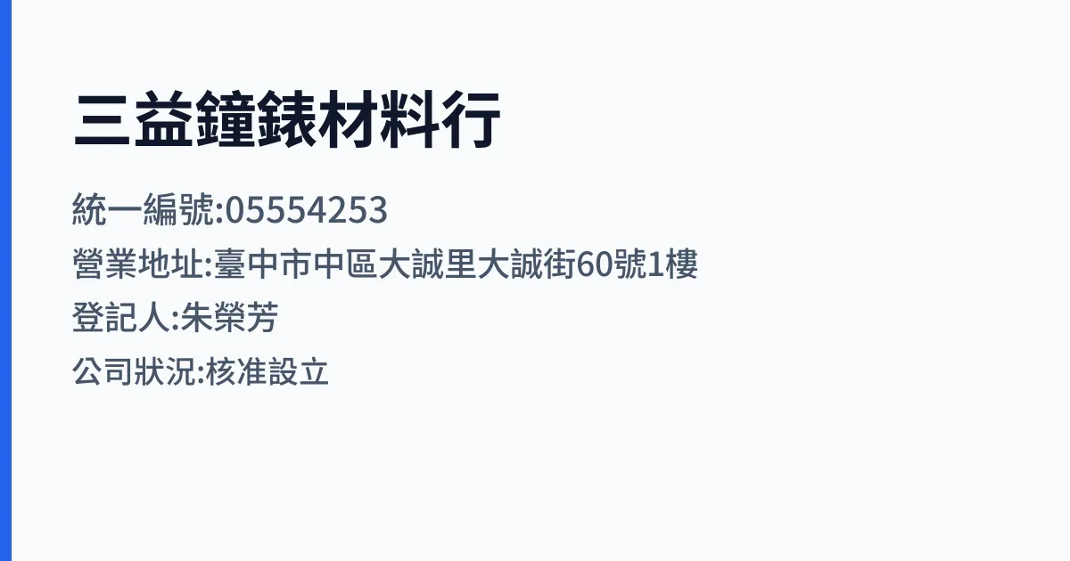 三益鐘錶材料行 - 統編 05554253(臺中市) 公司登記資料與營業項目詳細圖表