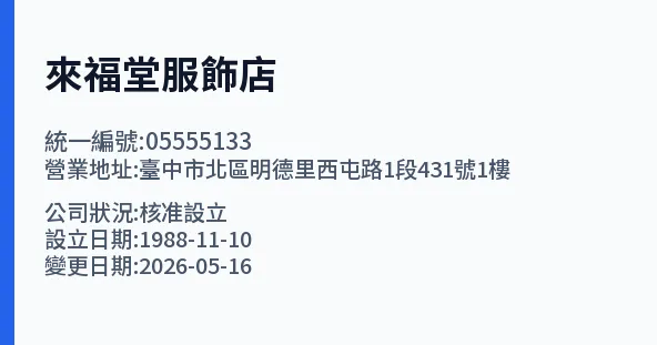 來福堂服飾店的照片-統編 05555133(臺中市) 公司登記資料與營業項目詳細圖表