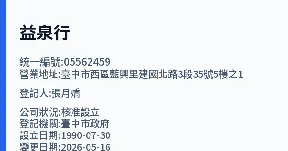 益泉行的照片-統編 05562459(臺中市) 公司登記資料與營業項目詳細圖表