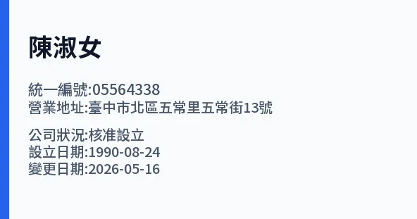 陳淑女的照片-統編 05564338(臺中市) 公司登記資料與營業項目詳細圖表